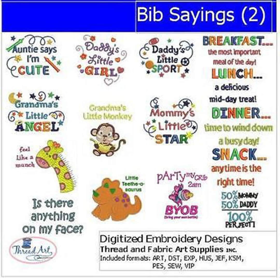 Machine Embroidery Design Set - Bib Sayings(2) - 15 Designs - 9 Formats ...