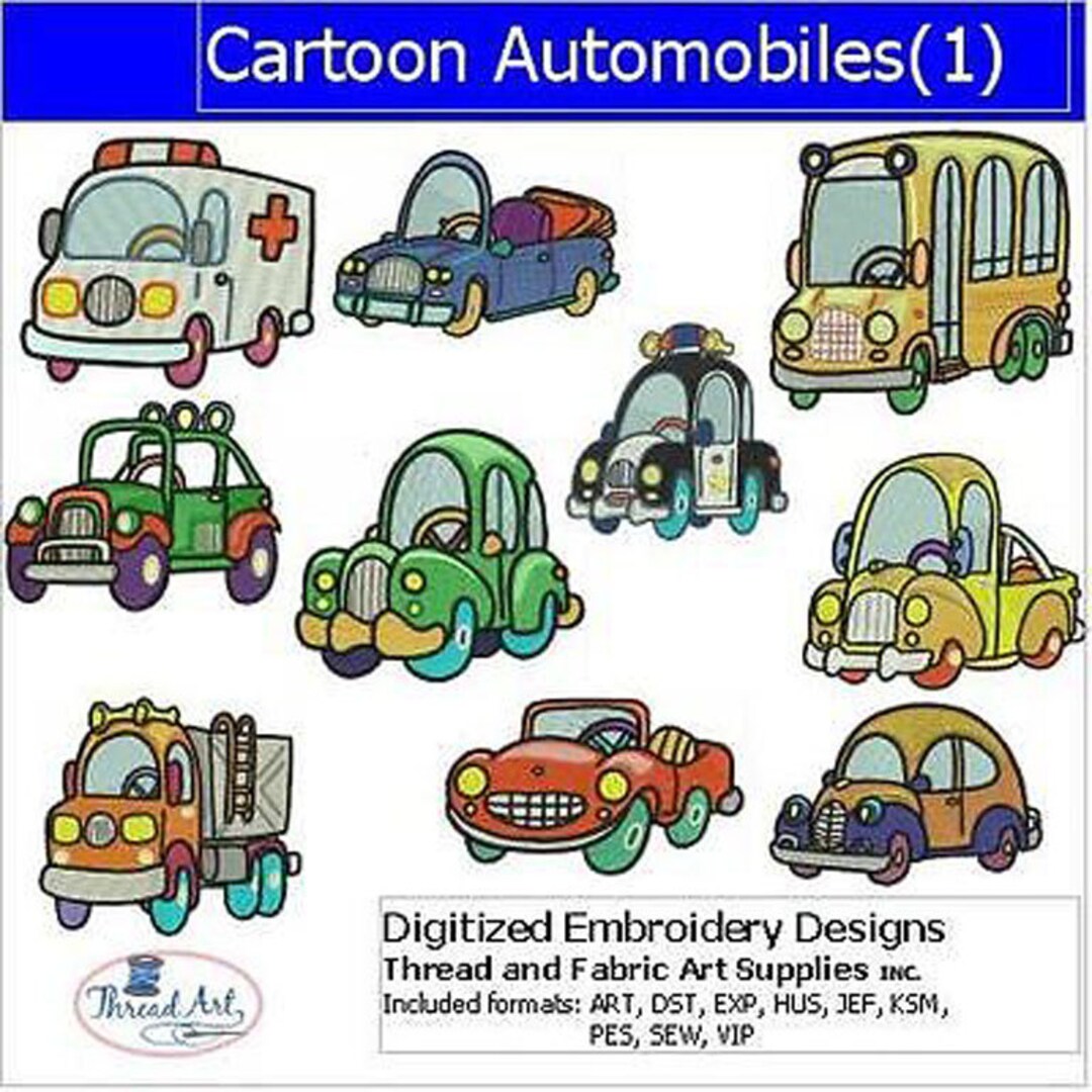 Machine Embroidery Design Set - Cartoon Autos(1) - 10 Designs - 9 ...