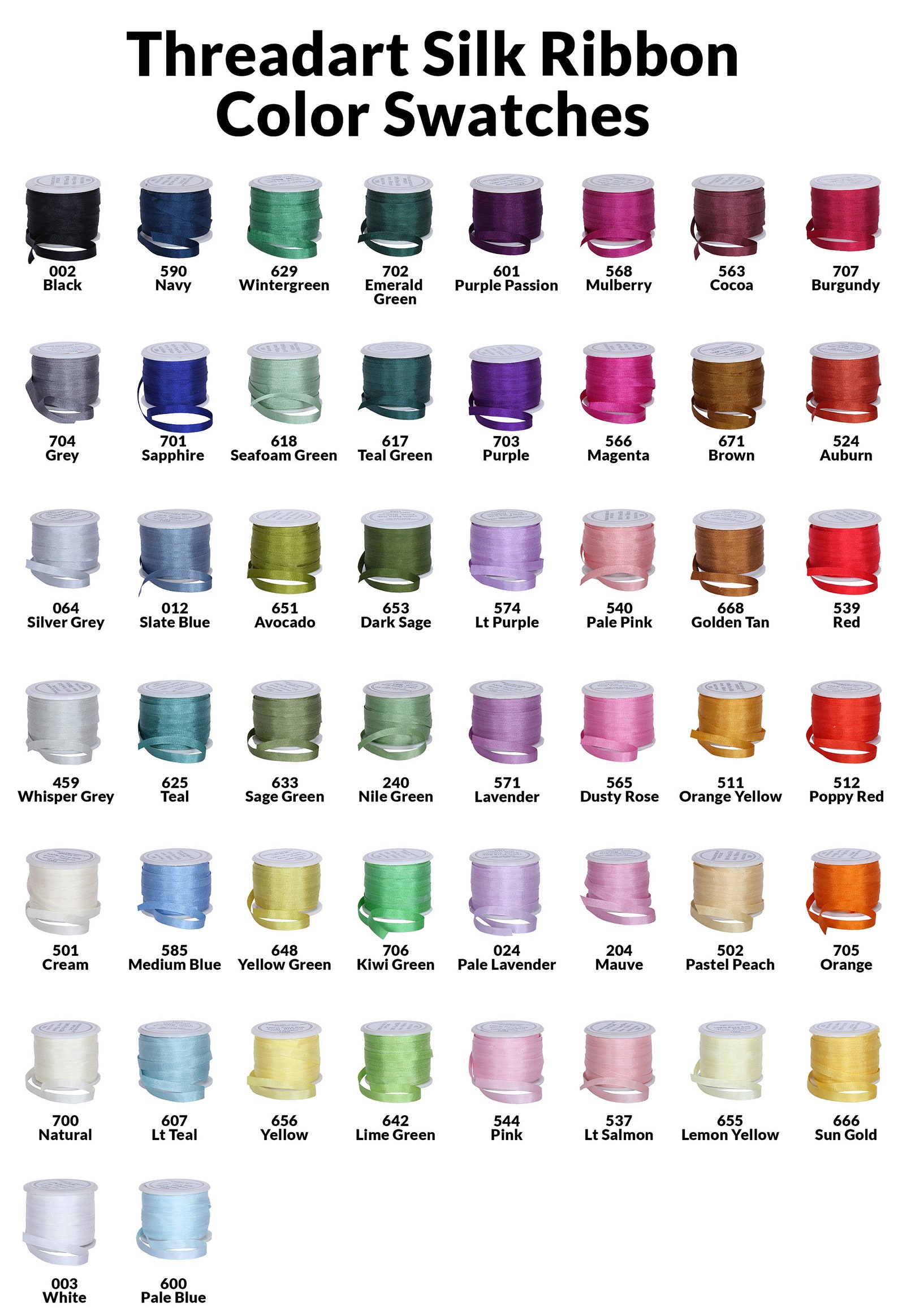 Silk Ribbon 100% Silk in 2mm, 4mm and 7mm Widths - 50 Colors - 10 Meter ...