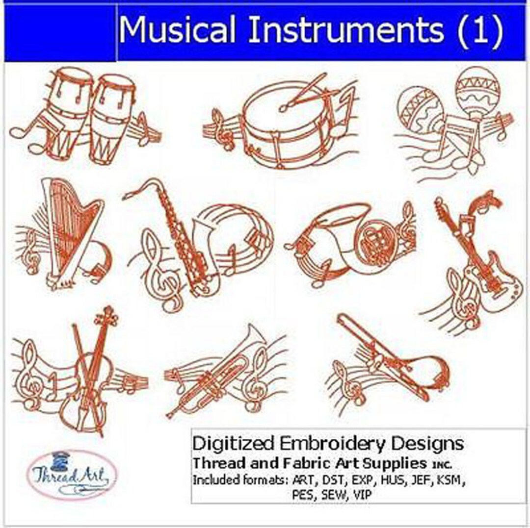 Machine Embroidery Design Set - Musical Instruments - 10 Designs - 9 ...