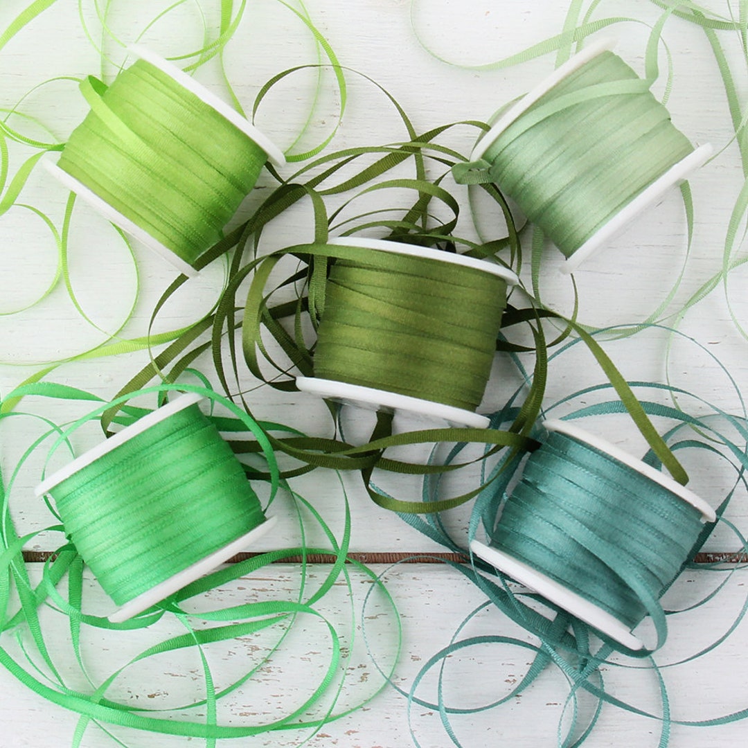 2mm Silk Ribbon Set Green Shades Five Spool Collection 100% Pure Silk ...