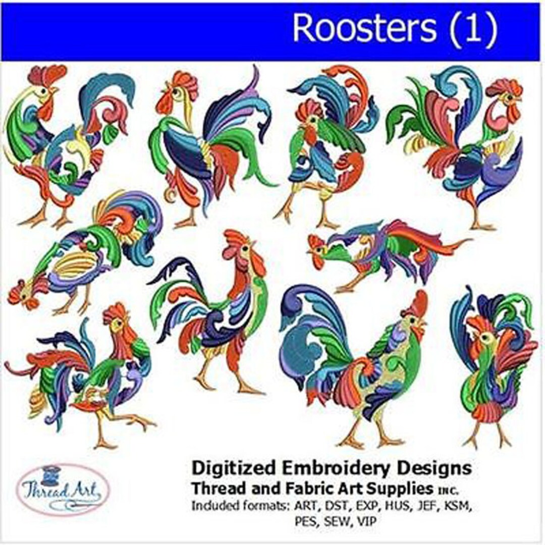 Machine Embroidery Design Set - Roosters (1) - 10 Designs - 9 Formats ...