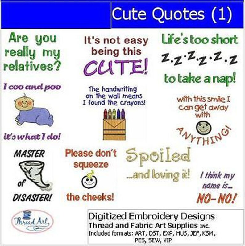 Machine Embroidery Design Set Cute Quotes1 10 Designs - Etsy