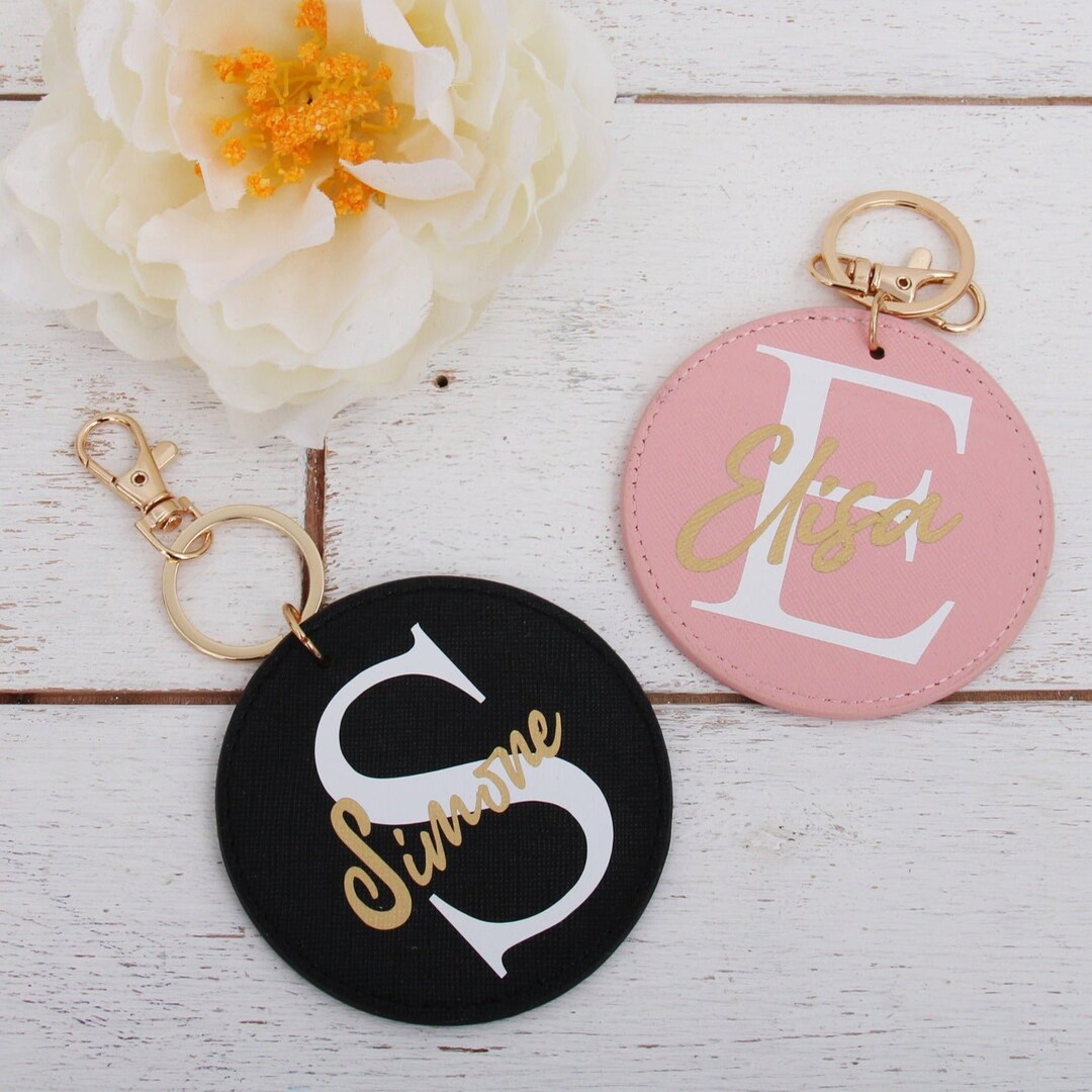 Personalized Circle Key Chain Bag Pendant Pink, Ivory, or Black for ...