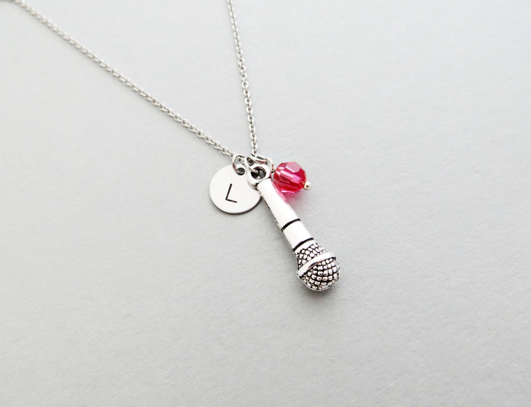 Microphone Necklace With Personalized Initial, Silver Microphone Charm ...