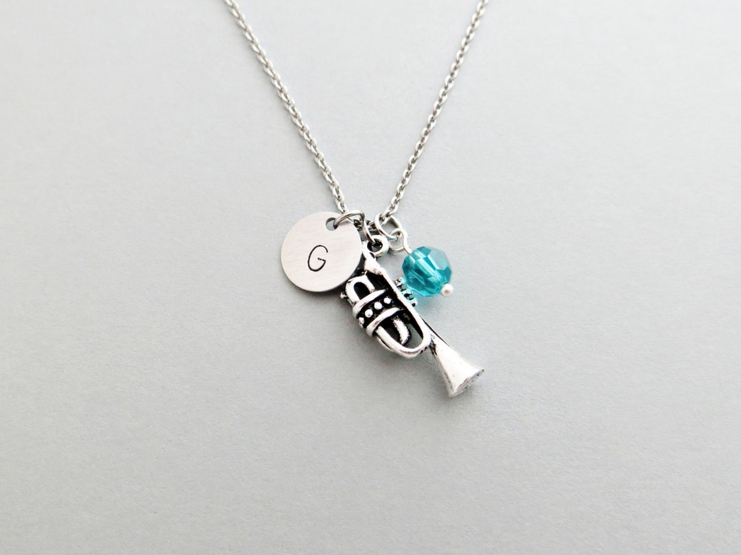 Trumpet Necklace With Personalized Initial, Silver Trumpet Charm, and ...