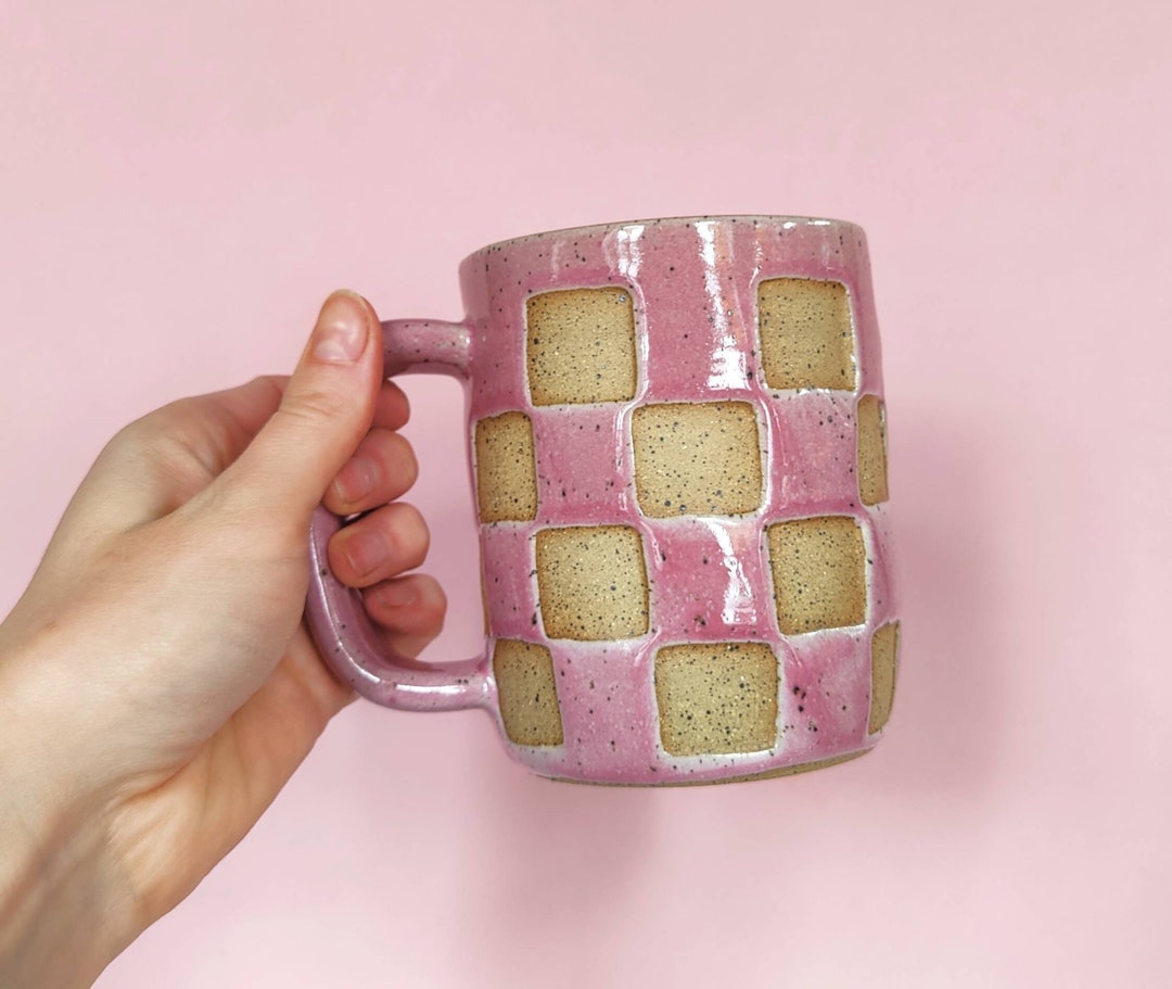 Checkerboard Mug in Glossy Pink // Handmade Ceramic Pink Check Mug - Etsy