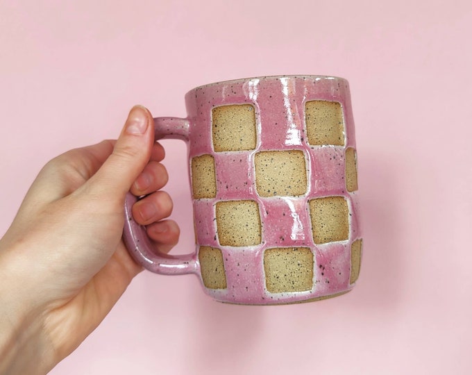 Checkerboard Mug in Glossy Pink // Handmade Ceramic Pink Check Mug - Etsy
