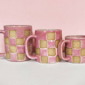 Checkerboard Mug in Glossy Pink // Handmade Ceramic Pink Check Mug - Etsy