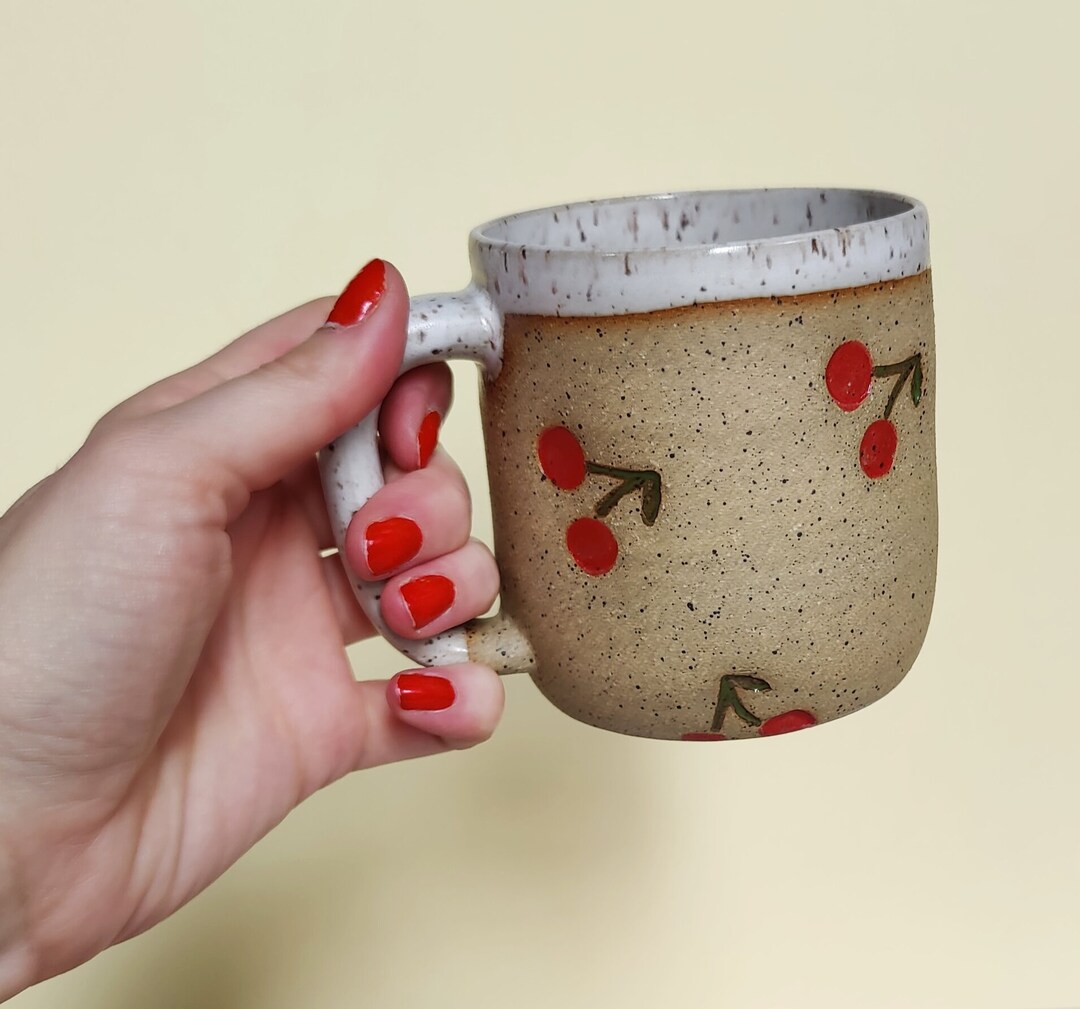 Handmade Ceramic Mug in Cherry Stamp // Cherry Mug - Etsy