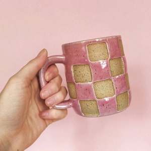Checkerboard Mug in Glossy Pink // Handmade Ceramic Pink Check Mug - Etsy