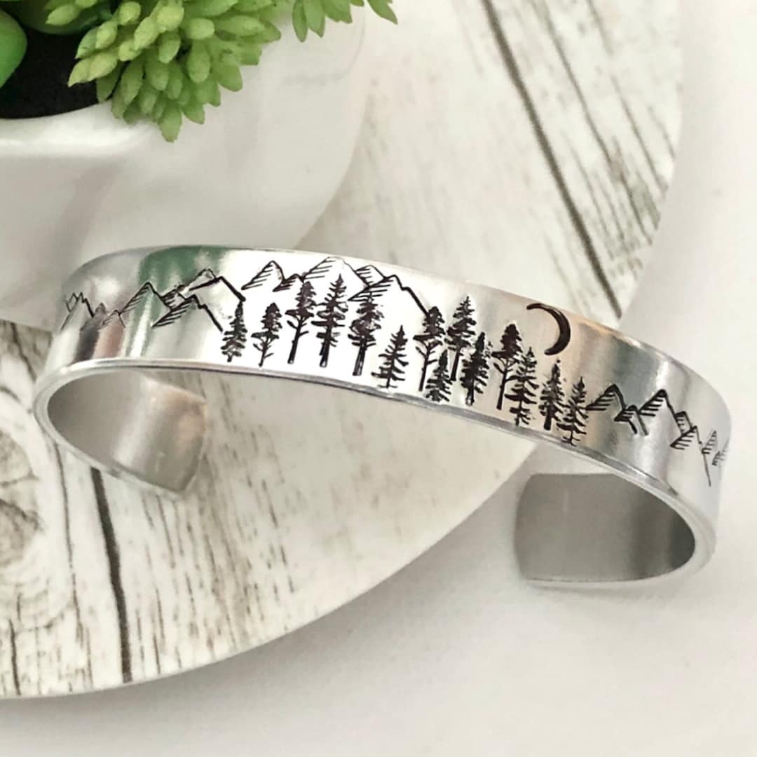 MOUNTAIN Range FOREST Bracelet Cuff, Hand Stamped, Pine Tree Bracelet ...