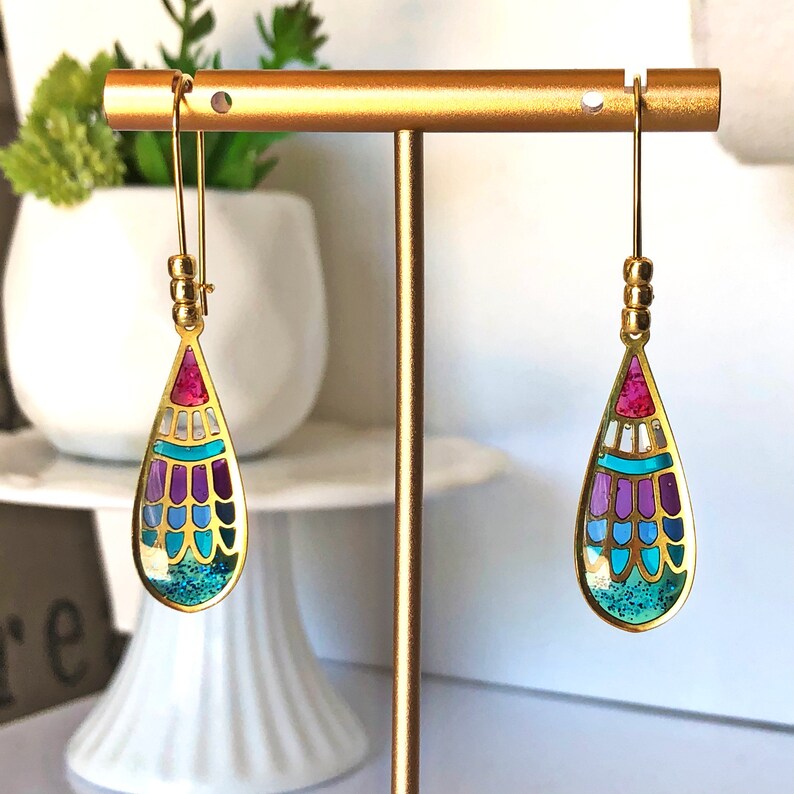 Ornate HENNA Teardrop Earrings, Stained Glass Inspired, Colorful ...