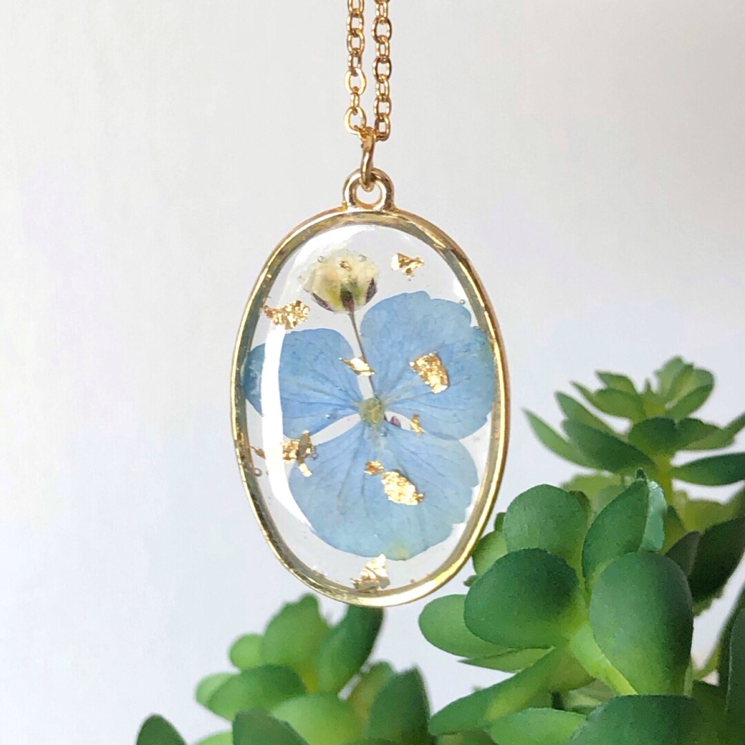 Blue HYDRANGEA Necklace, Pressed Flower Necklace, Dried Flower Necklace ...
