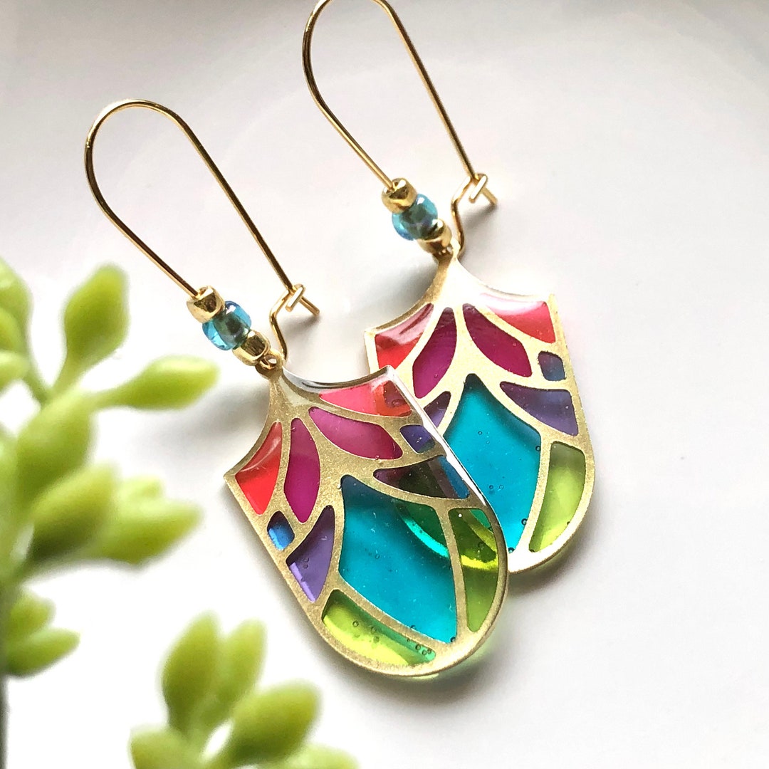 Colourful Stained Glass Earrings, Vitrage Earrings, Mosaic, Art Deco ...