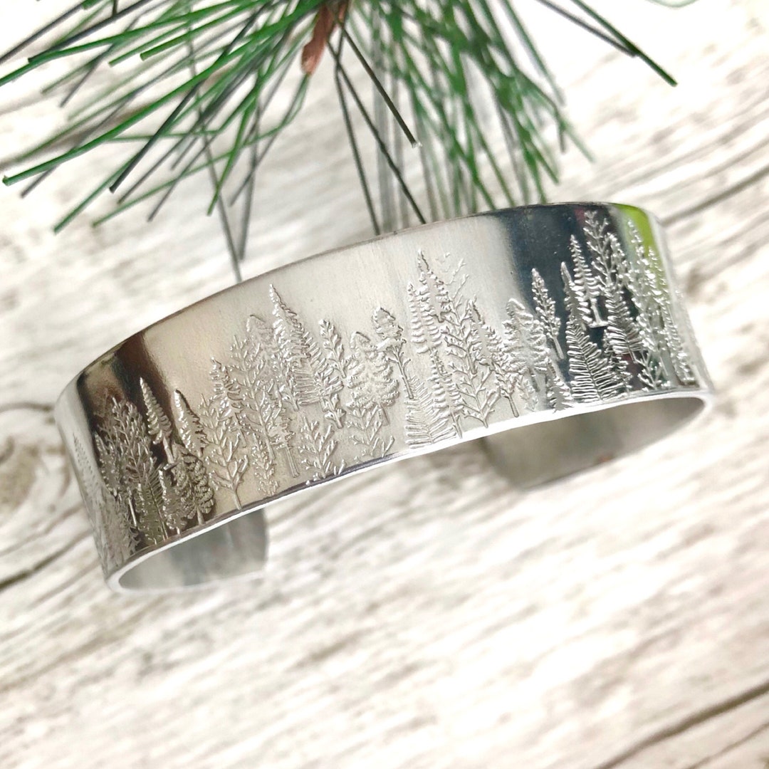 FOREST Cuff Bracelet, WIDE Band Cuff, Tree Cuff, Hand Stamped, Pine ...