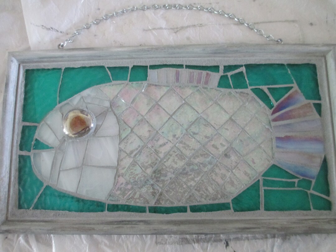 Iridescent Stained Glass Fish Mosaic With Gray Grout on a Vintage ...