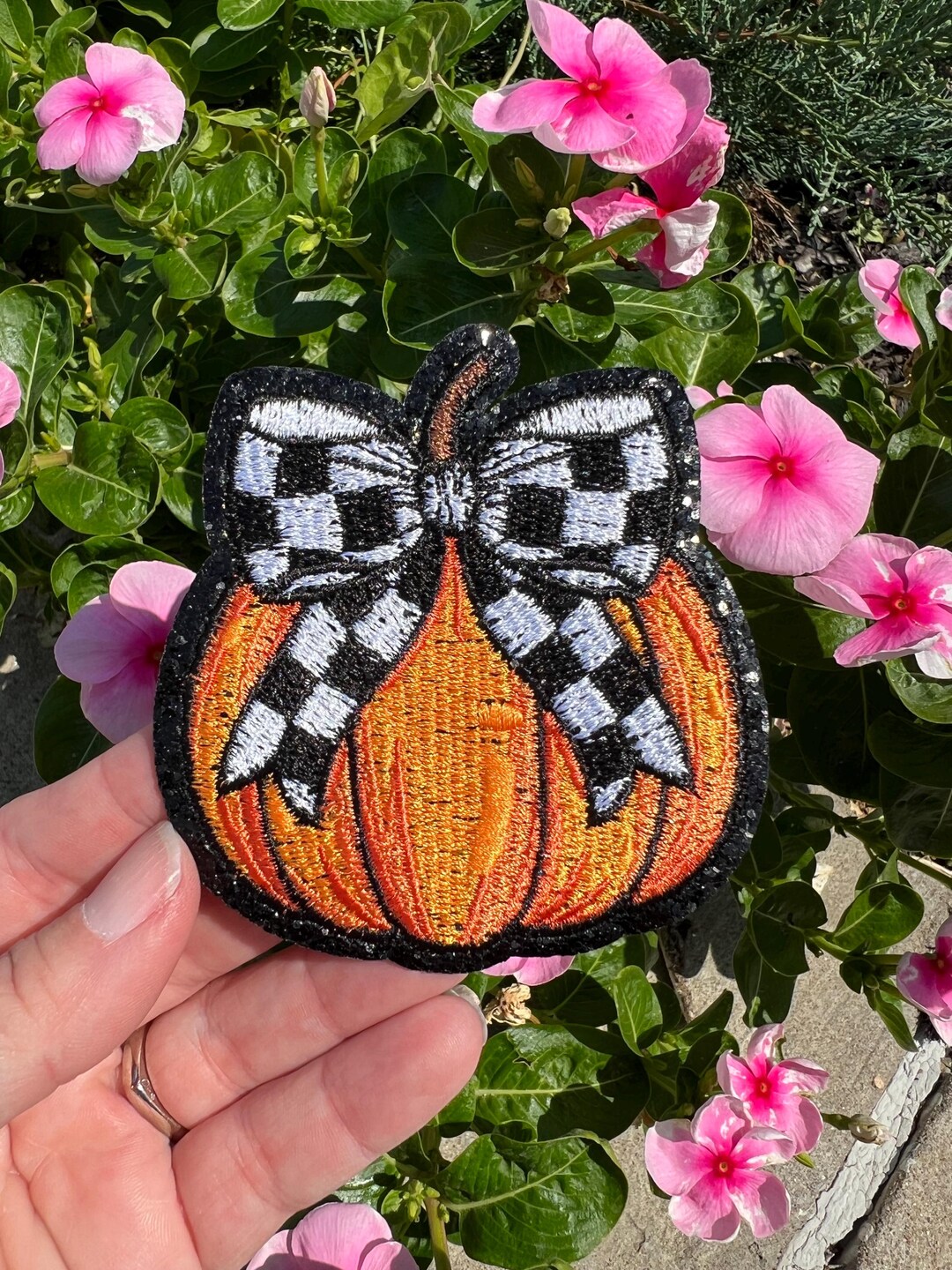 Pumpkin Patch With Checkered Bow, Embroidered Patch With Leopard Fabric ...