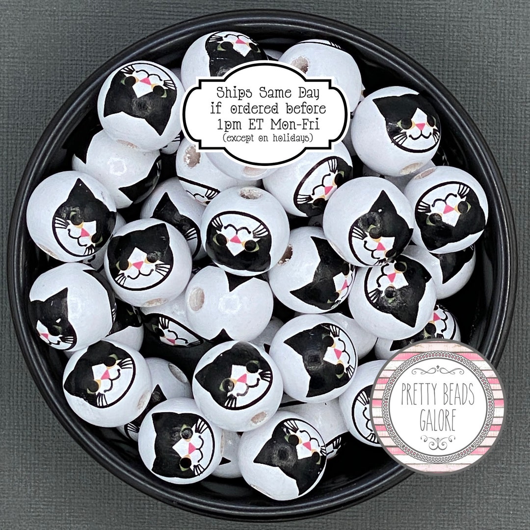 16mm Black Cat Face Wood Beads, Beaded Garland, Napkin Rings, Beaded ...