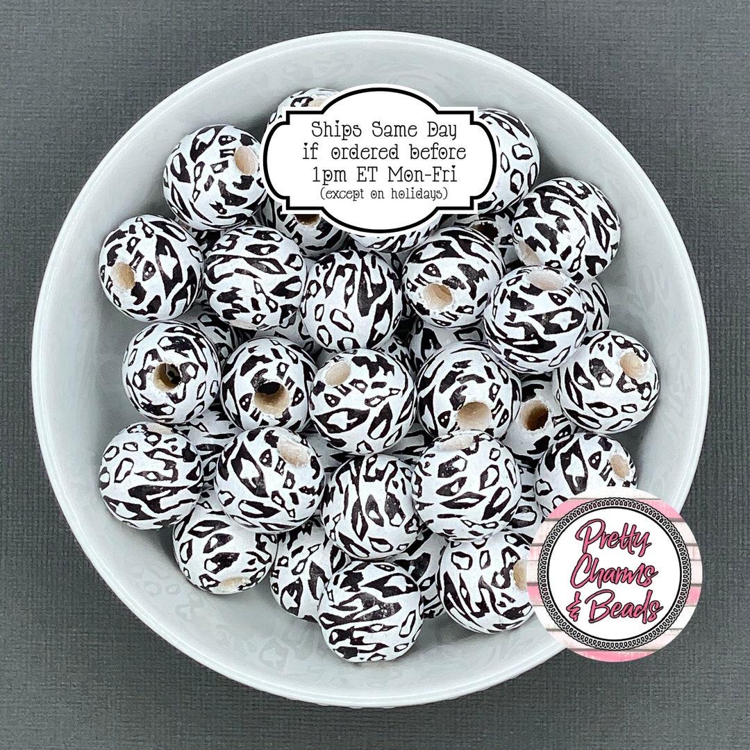 Black & White Snow Leopard Animal Print Wood Beads for Garland ...