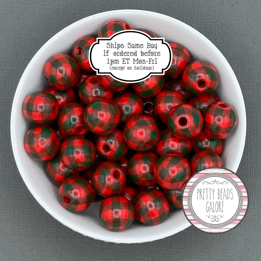 16mm Red & Green Buffalo Plaid Wooden Beads, DIY Beaded Garland ...