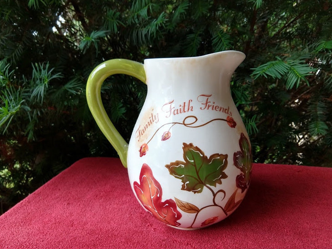 Bella Casa by Ganz Ceramic Pitcher With Green Handle Round White With ...