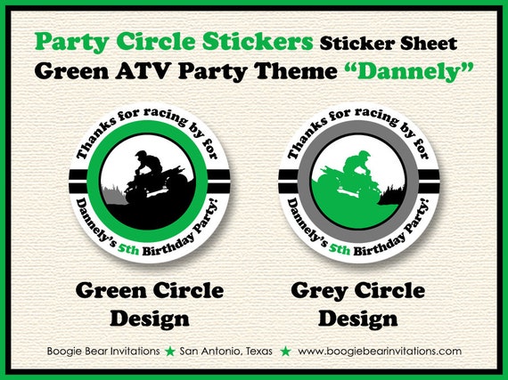 Green ATV Birthday Party Stickers Circle Sheet Round Girl Boy | Etsy