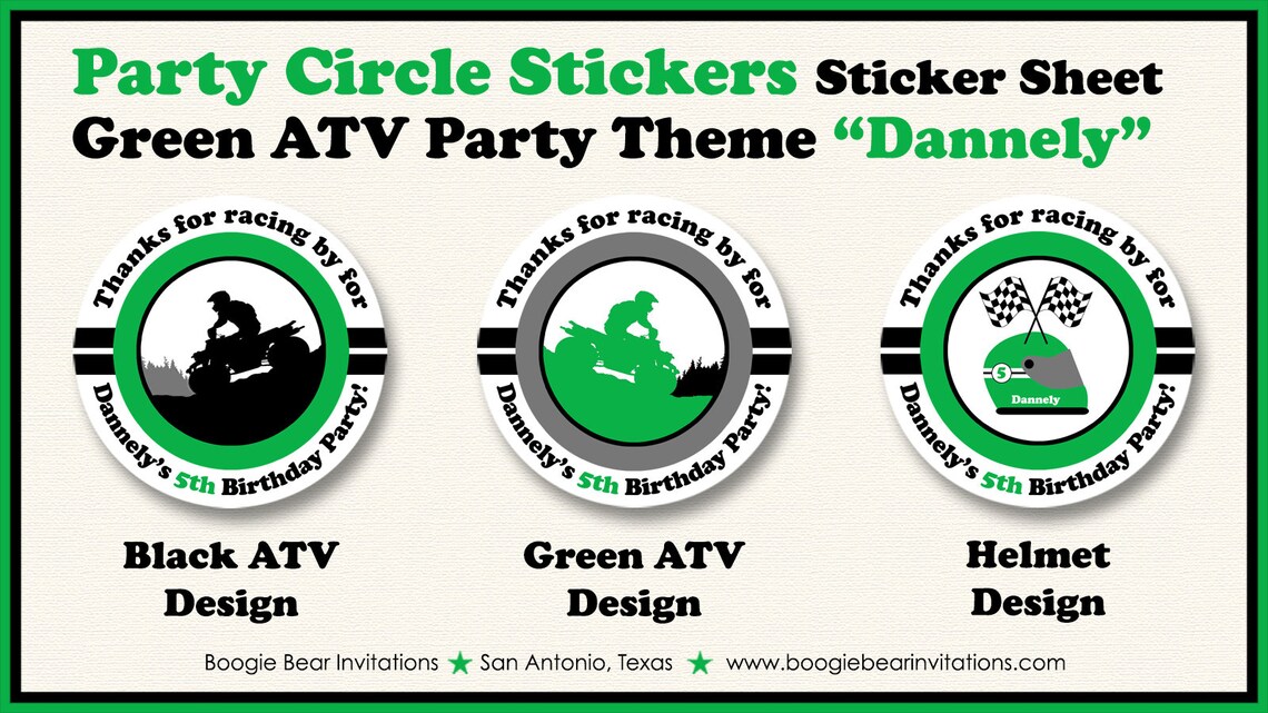 Green ATV Birthday Party Stickers Circle Sheet Round Girl Boy - Etsy