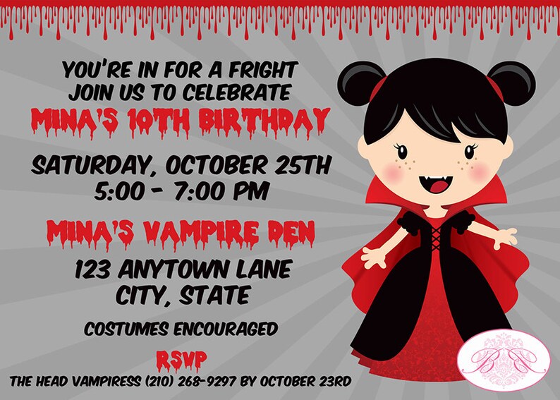 Vampire Girl Birthday Party Invitation Halloween Blood Fang | Etsy
