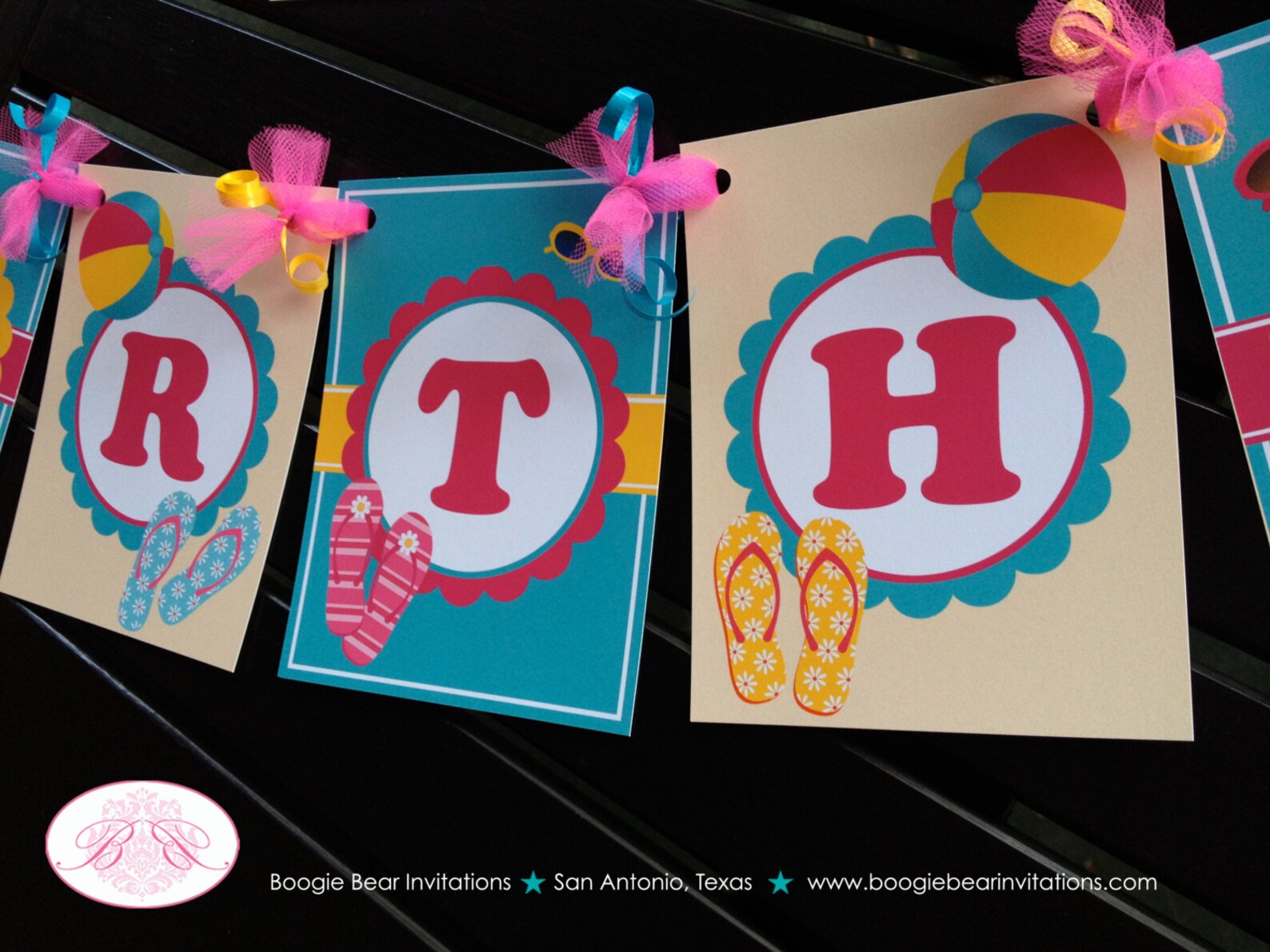 Flip Flop Pool Happy Birthday Banner Party Pink Yellow Teal | Etsy