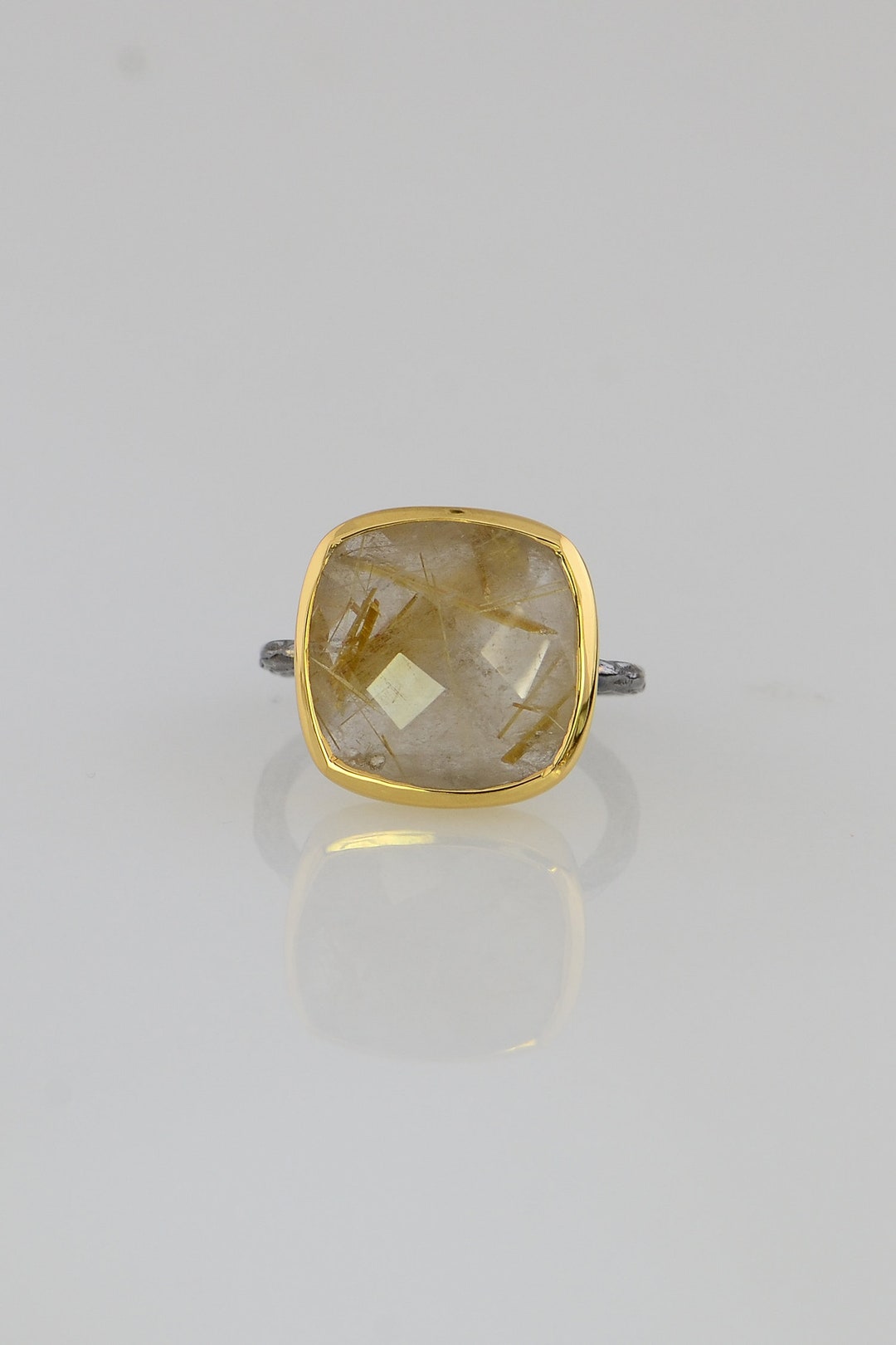 Golden Rutilated Ring, Stacking Ring, Big Cushion Shape Ring, Rutilated ...