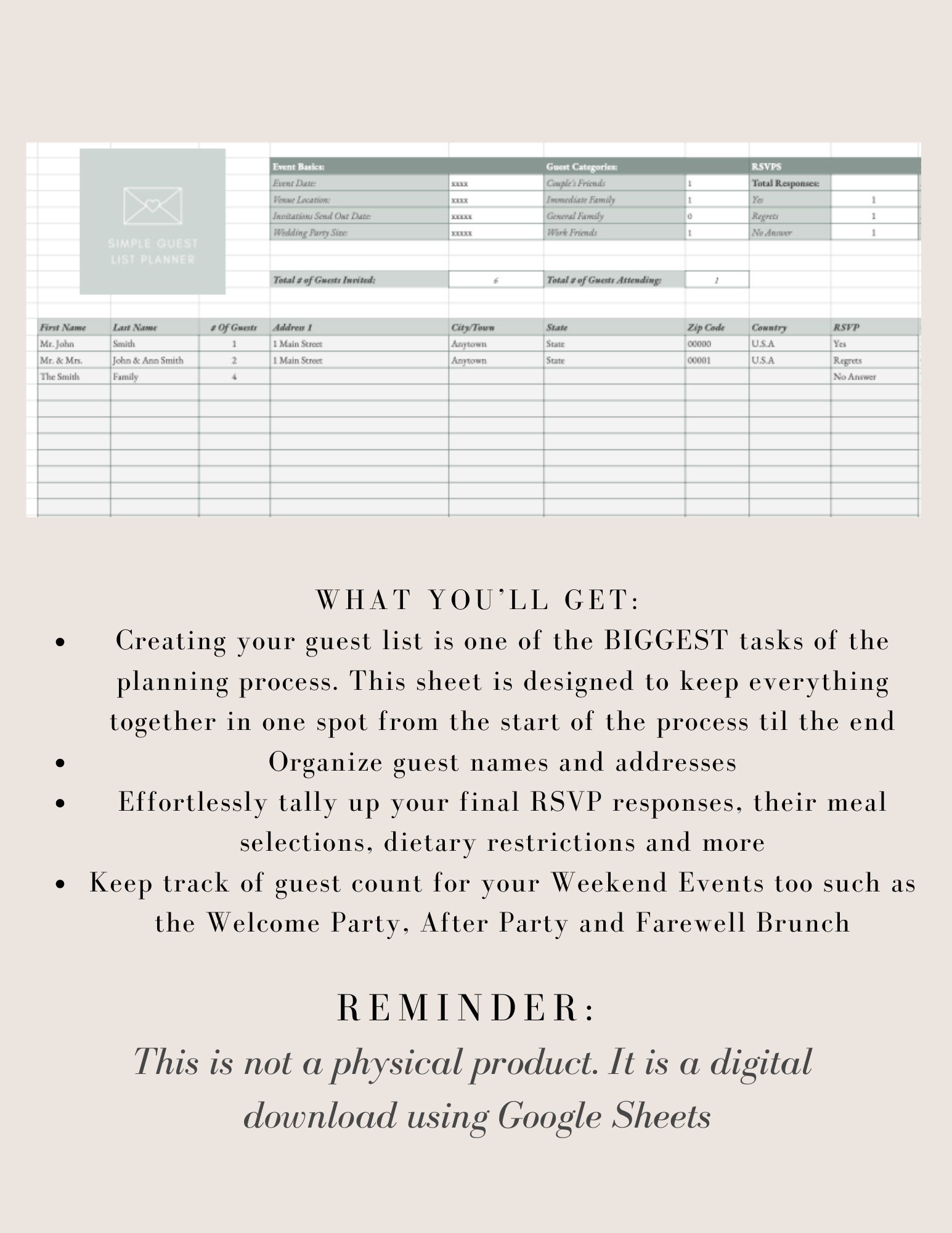 Wedding Guest & RSVP Tracker Sheet for Event Planning and Invitation ...