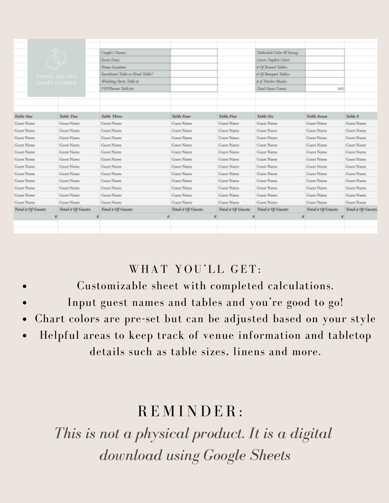 Guest Seating Chart Sheet for Wedding Planning - Digital Download ...