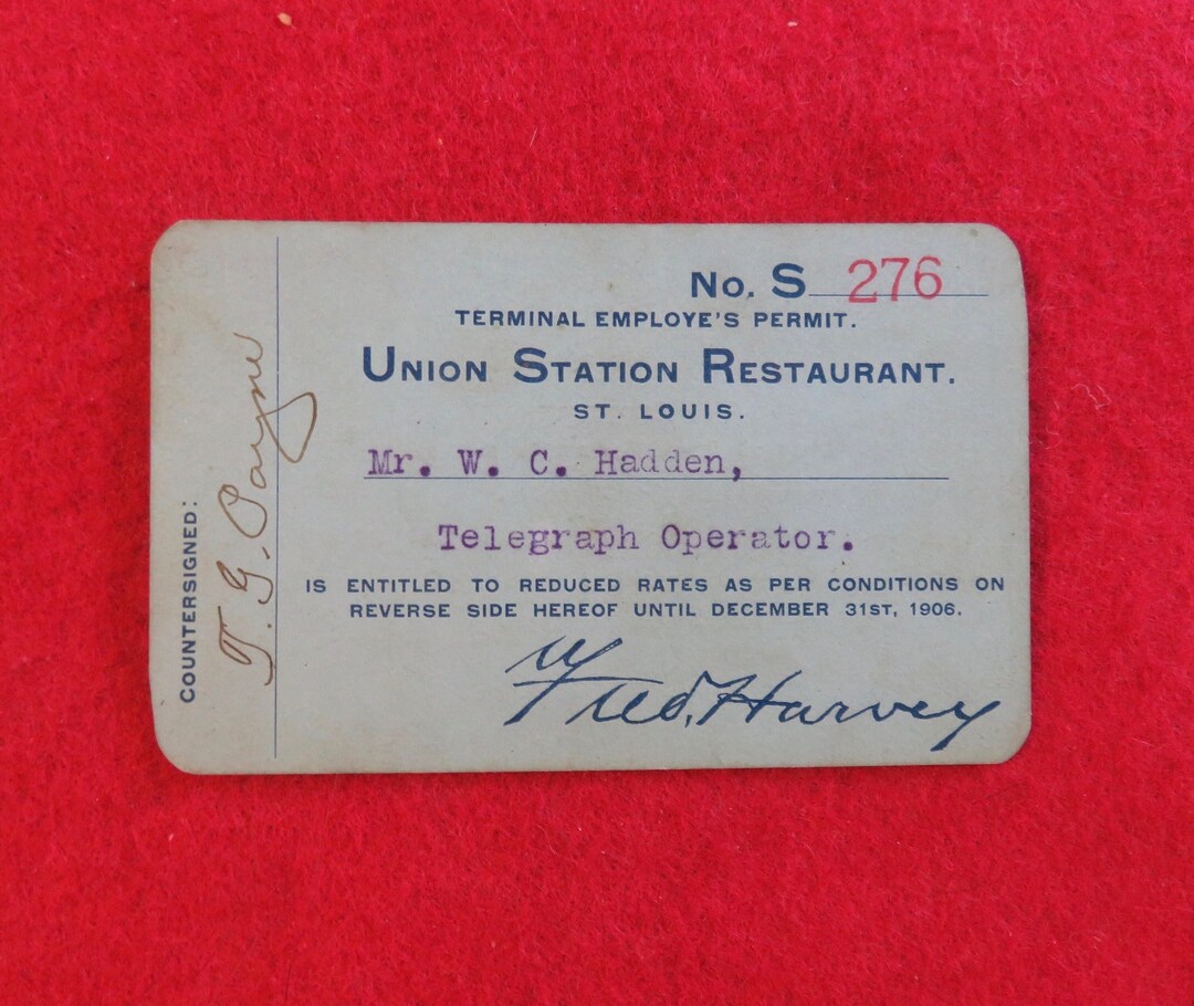 Original 1906 Fred Harvey Union Station Restaurant Terminal Employee ...