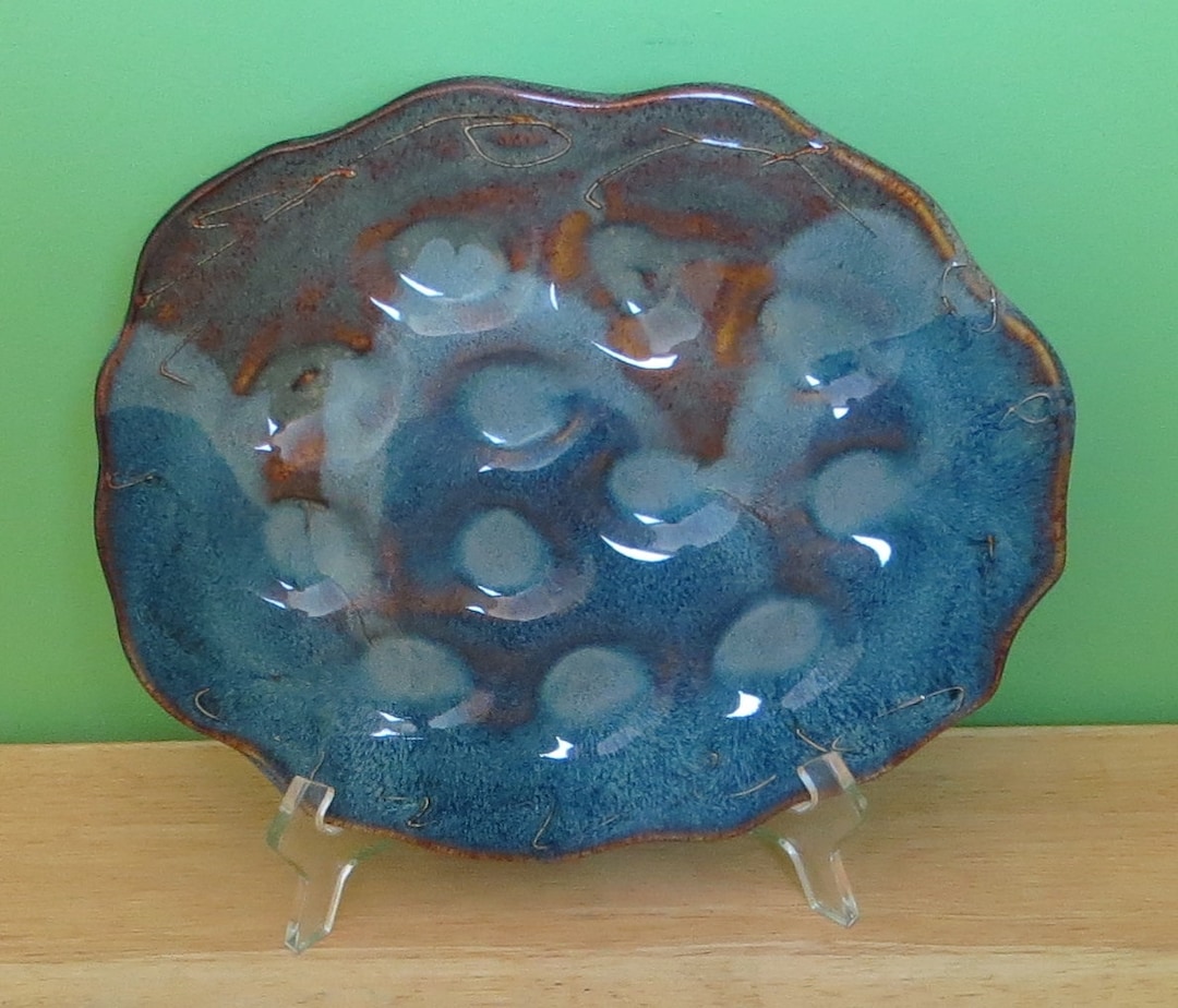Vintage Mid Century Art Pottery Ceramic Egg Plate Signed OFH Deep Blue ...