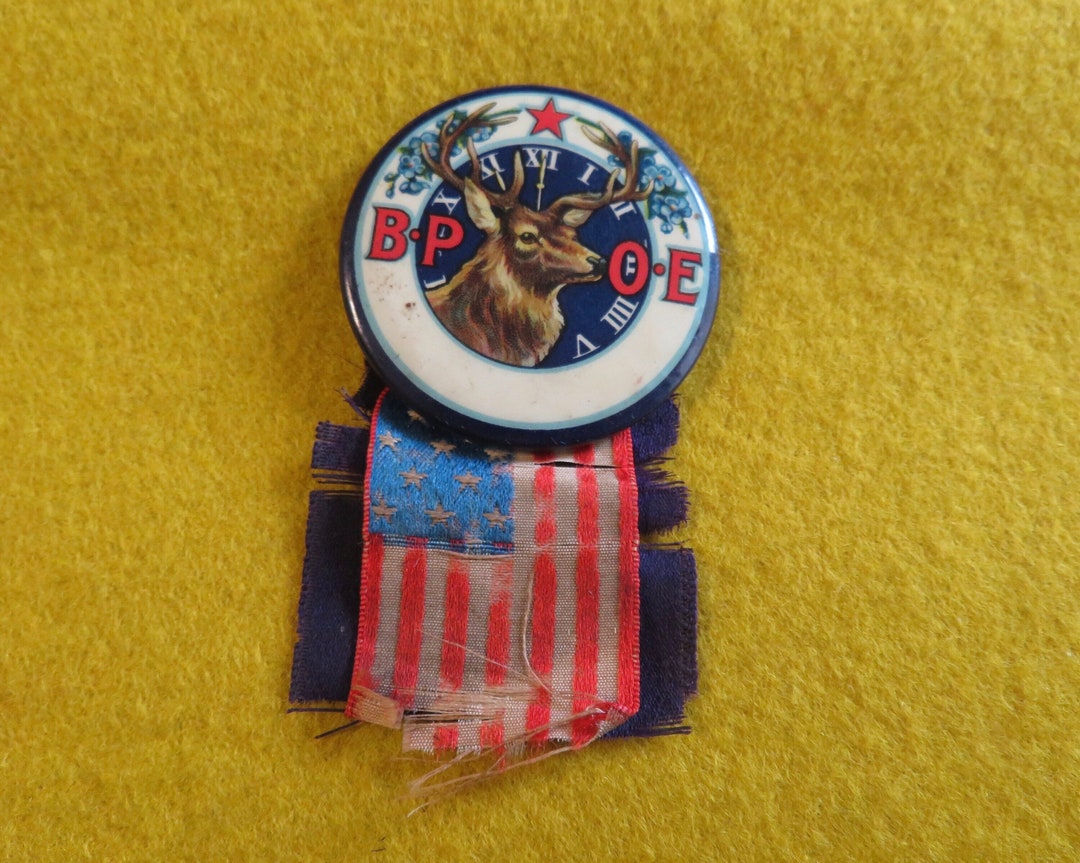 Patriotic 1900's BPOE Elks Lodge Celluloid Button & Ribbon - Whitehead ...