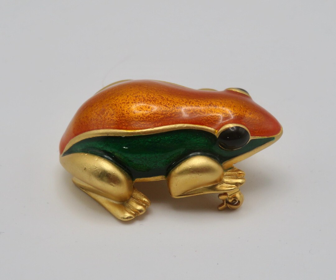 Outstanding 1980's Gold Tone Enamel Frog Amphibian Figural Brooch Pin ...