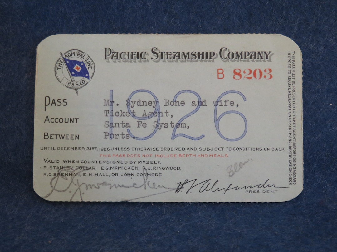 1926 Pacific Steamship Company Pass - Steamer Ticket - Etsy