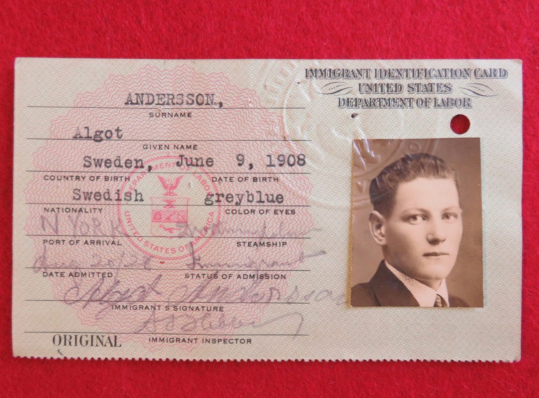 Obsolete 1920's US Immigrant Department of Labor ID Identification Card ...