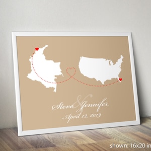 Two Countries Map With Love Trails, Engagement Gift, Wedding Gift ...