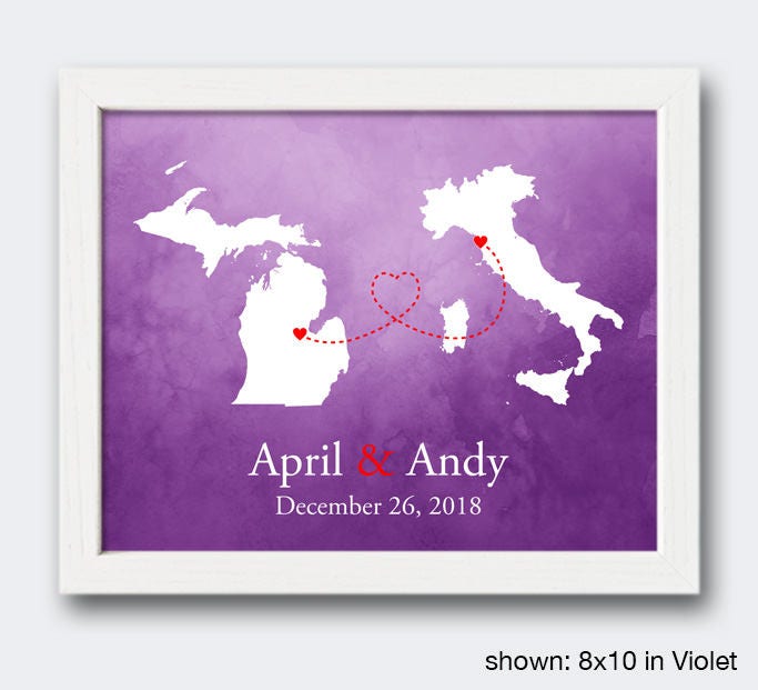 Custom Two Country Maps With Love Trail Watercolor Print- Long Distance ...