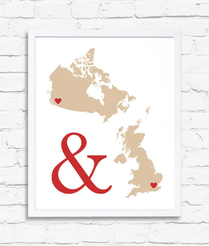Custom Two Countries Print - Engagement Gift, Wedding Gift, Paper ...