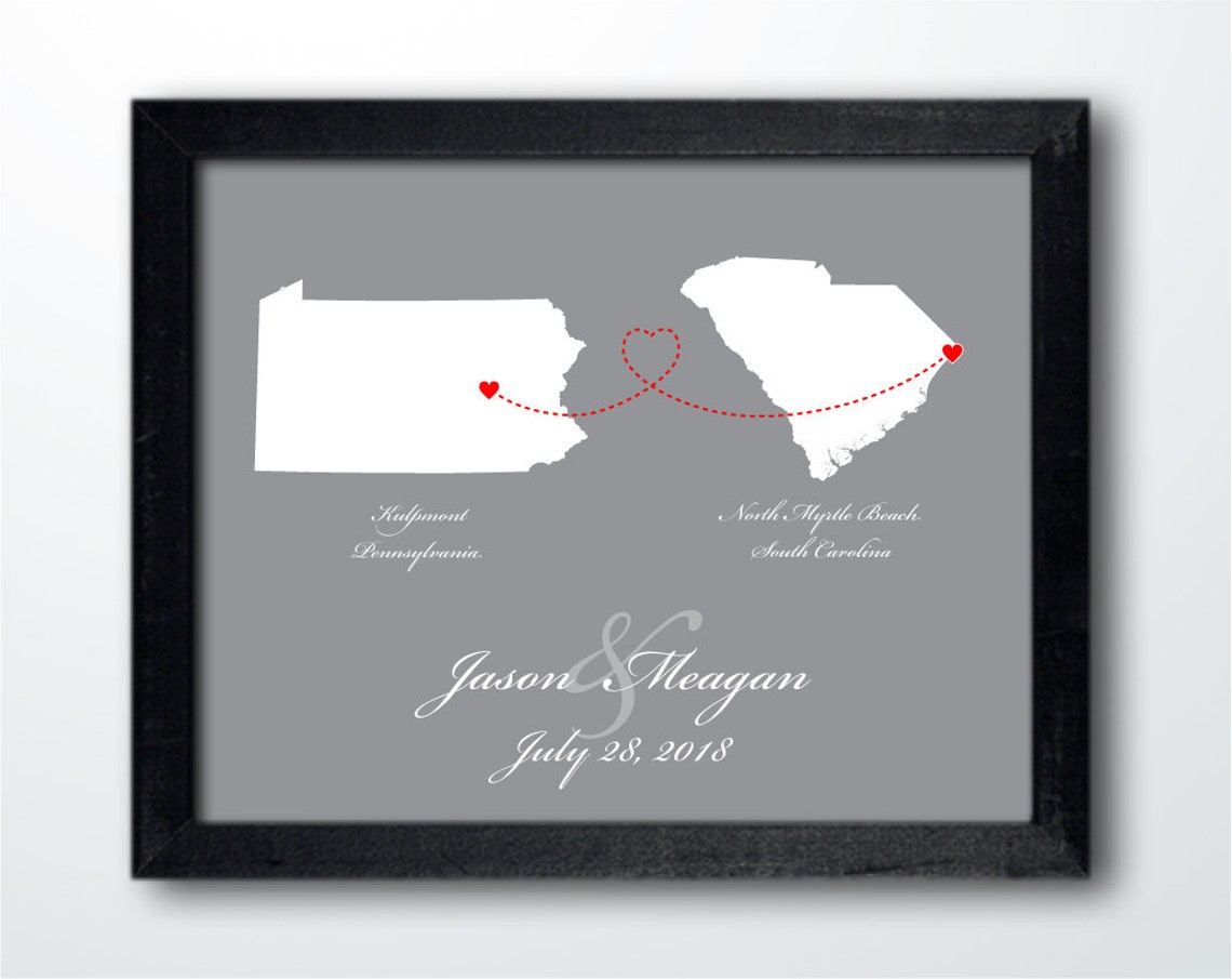Personalized Two States Connecting Hearts Art Print | Etsy