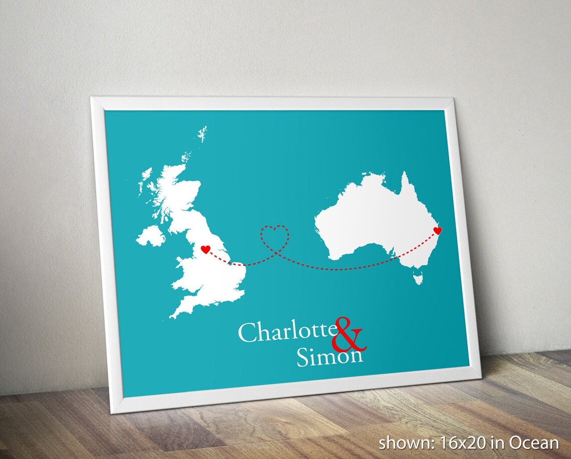 Custom Two Country Map With Love Trails Print- Personalized Long ...