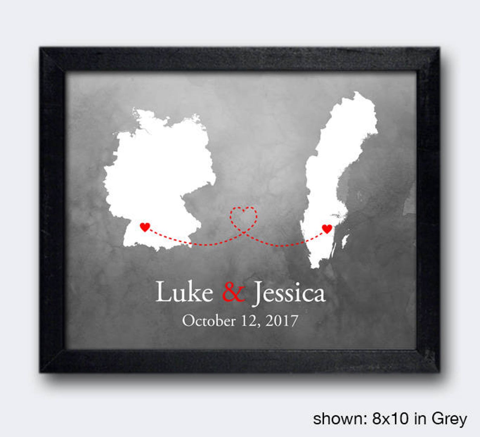 Custom Two Country Maps with Love Trail Watercolor Print Long | Etsy