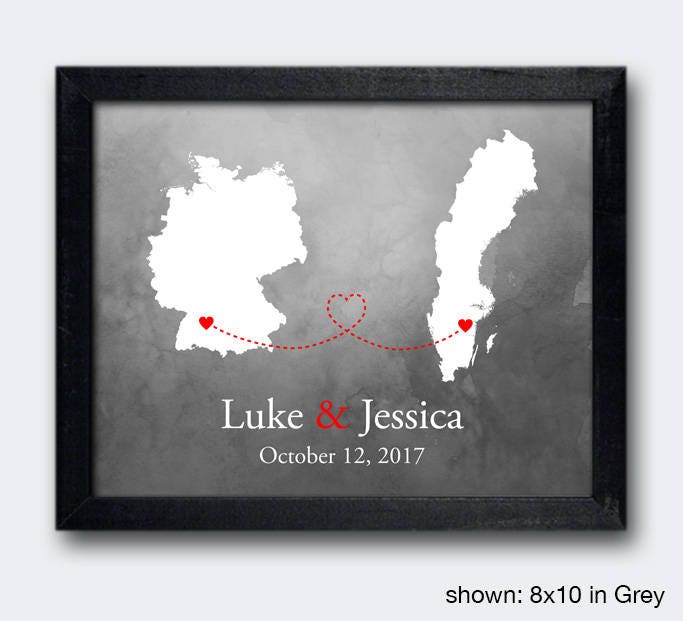 Custom Two Country Maps with Love Trail Watercolor Print Long | Etsy