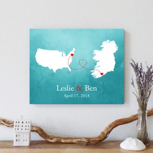 Custom Two Country Maps With Love Trail Watercolor Print- Long Distance ...