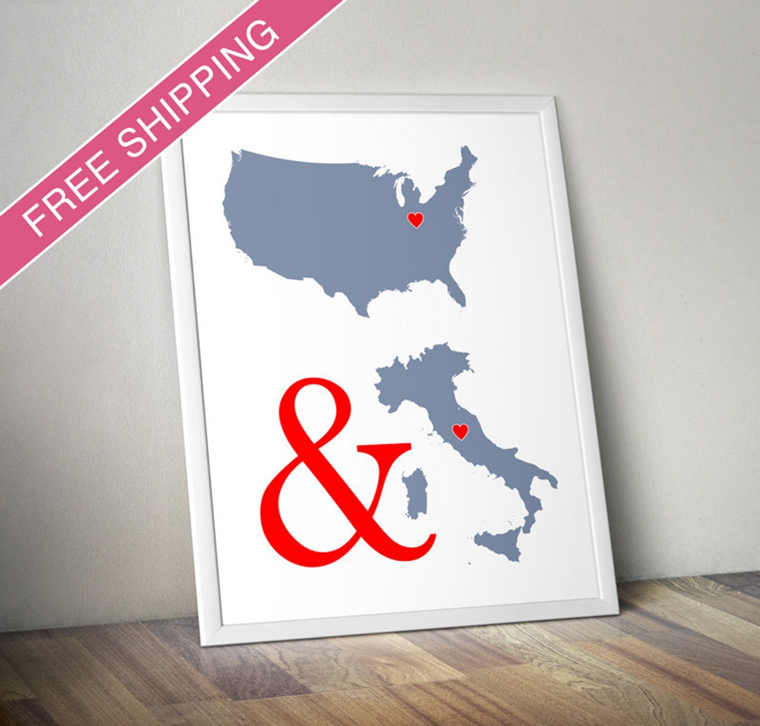 Custom Two Countries Print - Engagement Gift, Wedding Gift, Paper ...