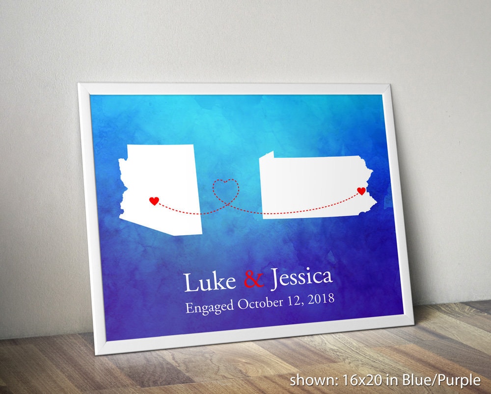 Custom Two Country Maps with Love Trail Watercolor Print Long | Etsy