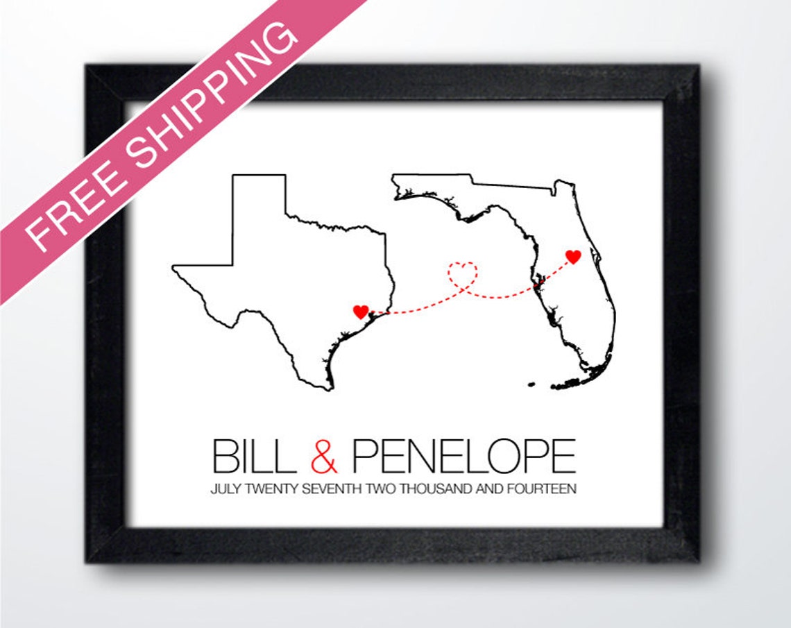 Personalized Long Distance Relationship Gift Print - Two States Maps ...